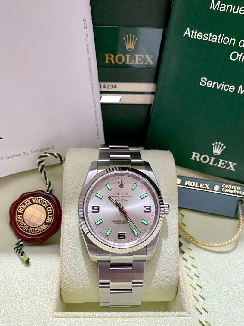Rolex Airking 34 Silver 369 Sunburst Dial White Gold Fluted Bezel ...