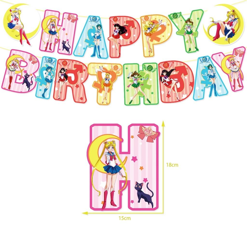 Sailor Moon Birthday Theme Set: HBD Banner, Big Cake Topper, Cupcake ...