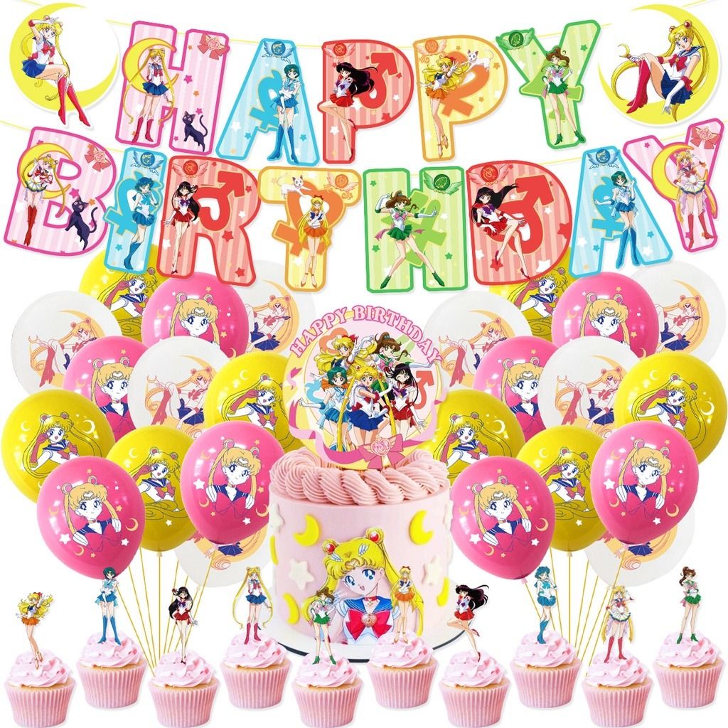 Sailor Moon Birthday Theme Set: HBD Banner, Big Cake Topper, Cupcake ...