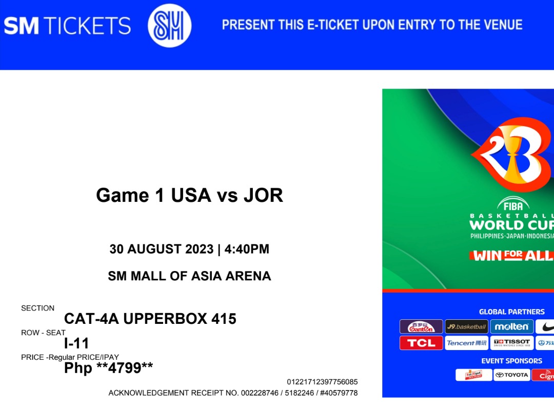 USA vs Jordan FIBA 2023 Basketball World Cup Manila MOA, Tickets ...