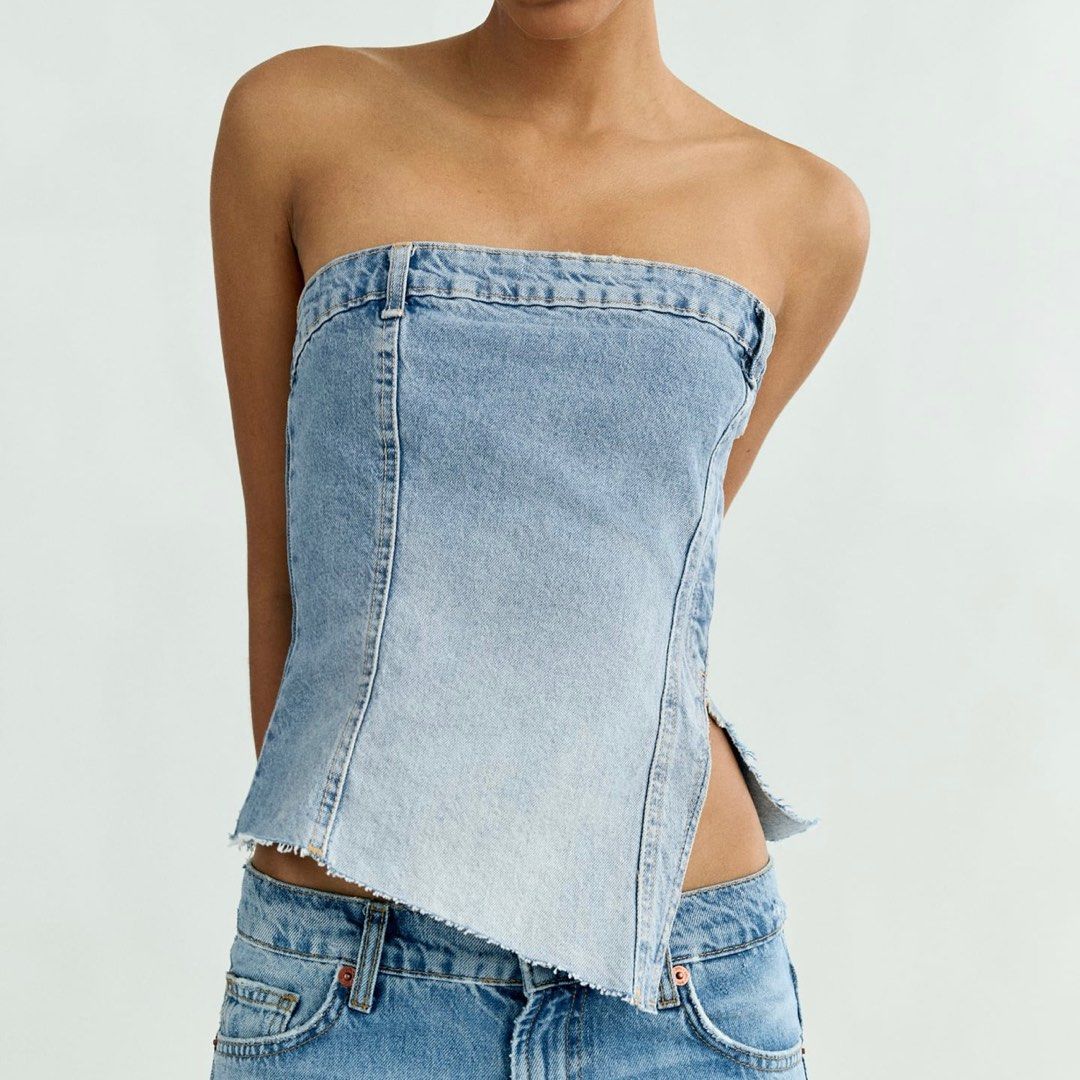 Zara Frayed Denim Tube Top on Carousell