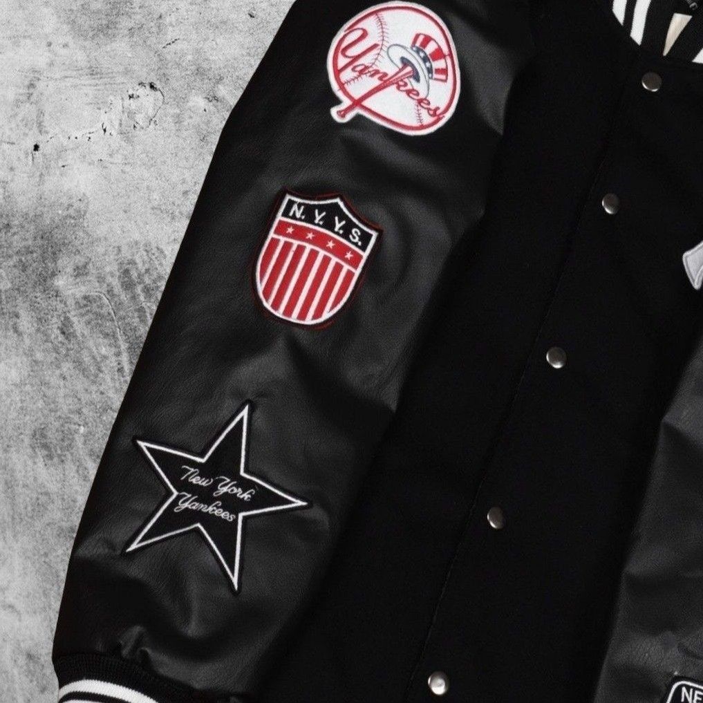 Jaket Varsity MLB New York Yankees Leather Sleeve Hitam, Fesyen Pria ...