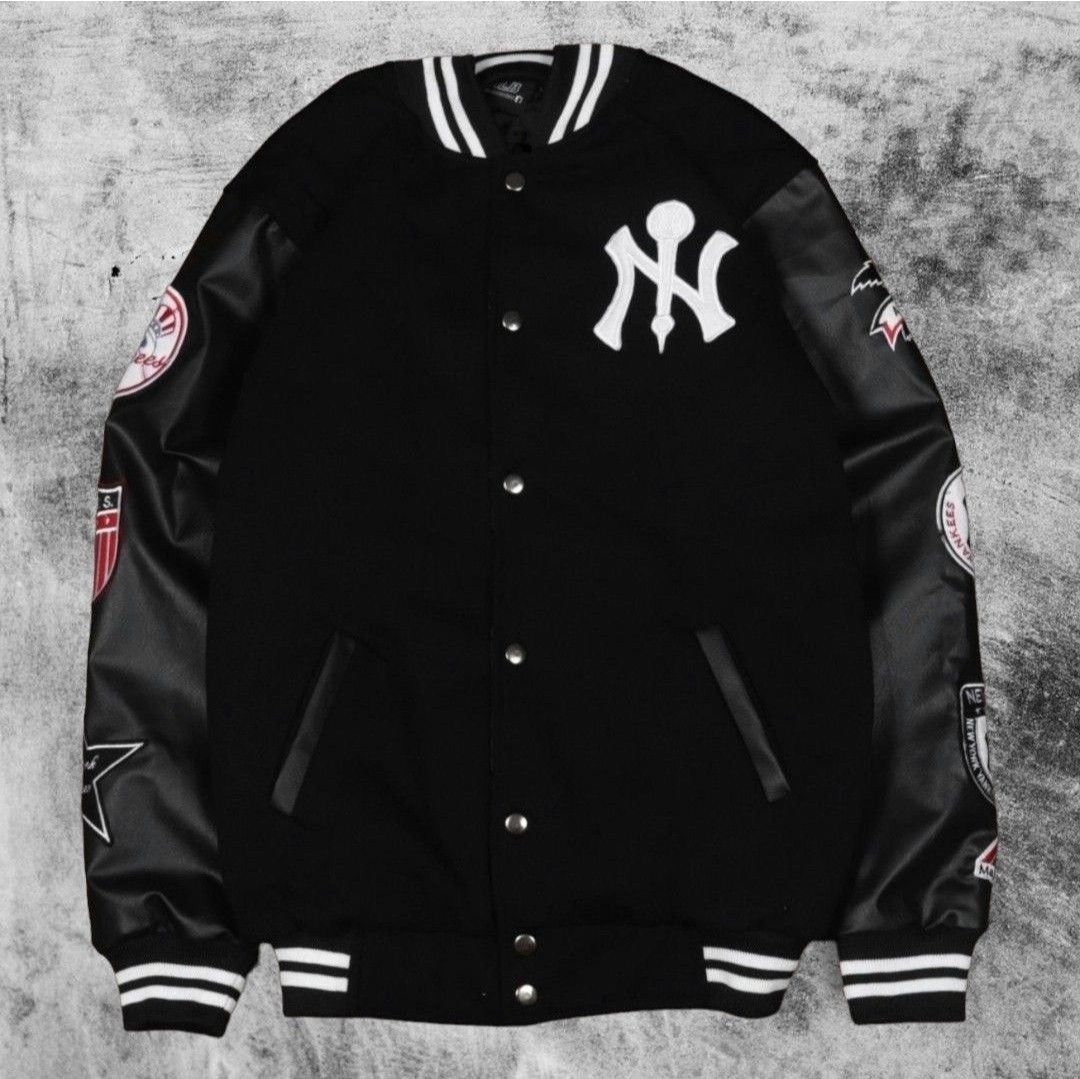 Jaket Varsity MLB New York Yankees Leather Sleeve Hitam, Fesyen Pria ...