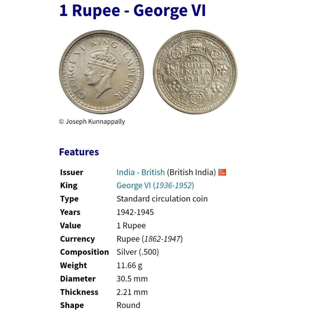Silver British India King George VI One Rupee 1945. (Dot) Bombay Minted ...