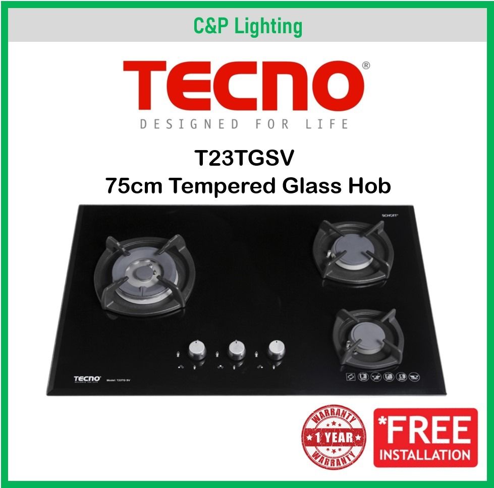 Tecno 75cm 3 Burner Glass Cooker Hob Gas Stove with Inferno Wok Burner ...