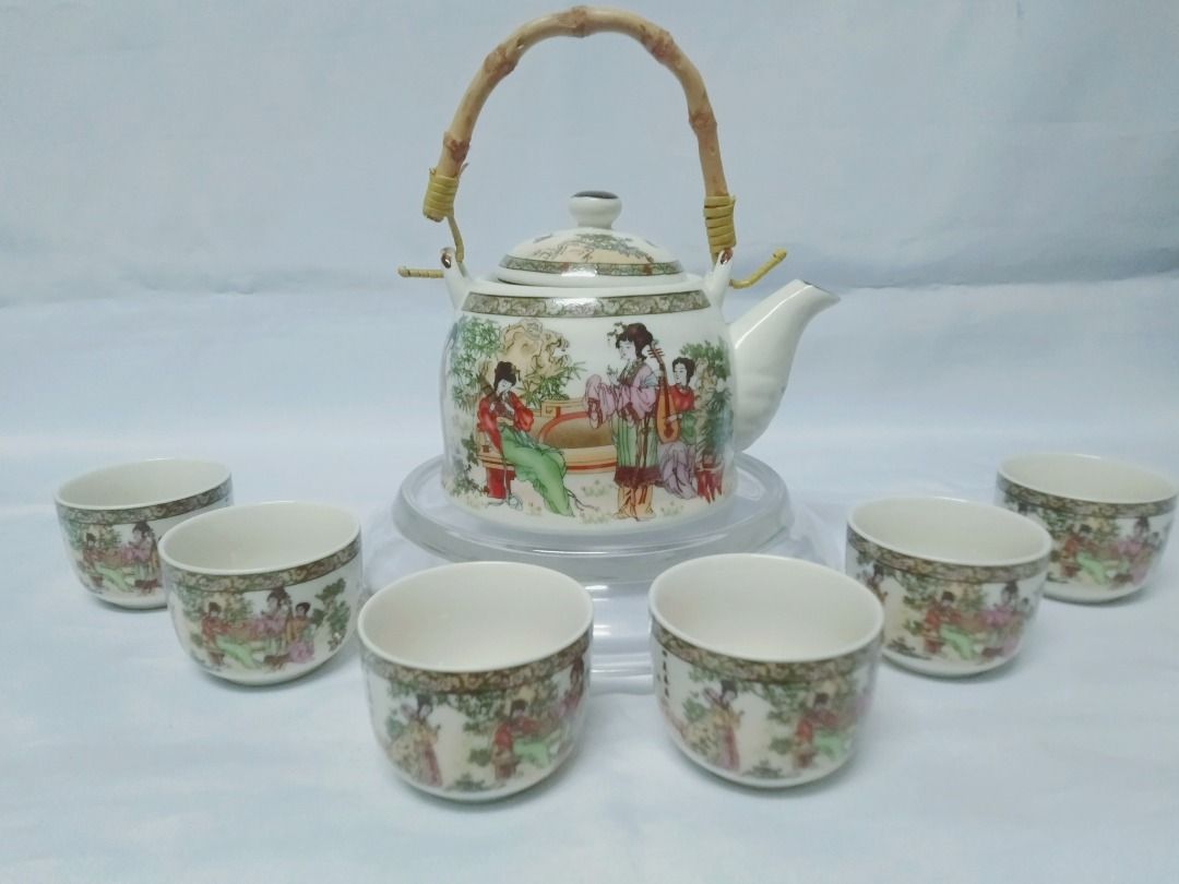 Vintage Qianshun Porcelain Geisha Tea Set with Infuser, Furniture ...