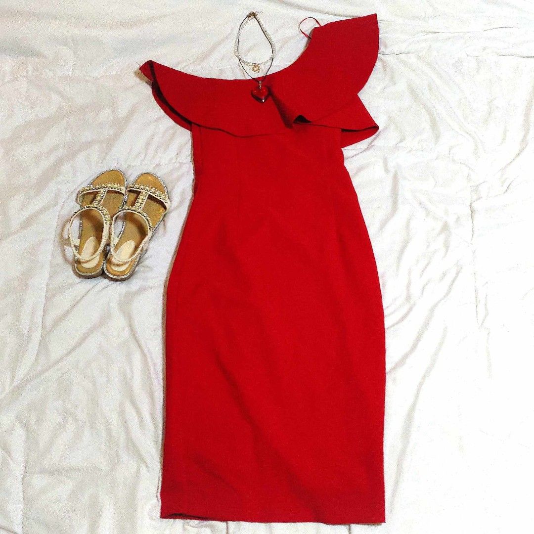 ZARA Red Bardot Ruffle Midi Pencil Dress on Carousell
