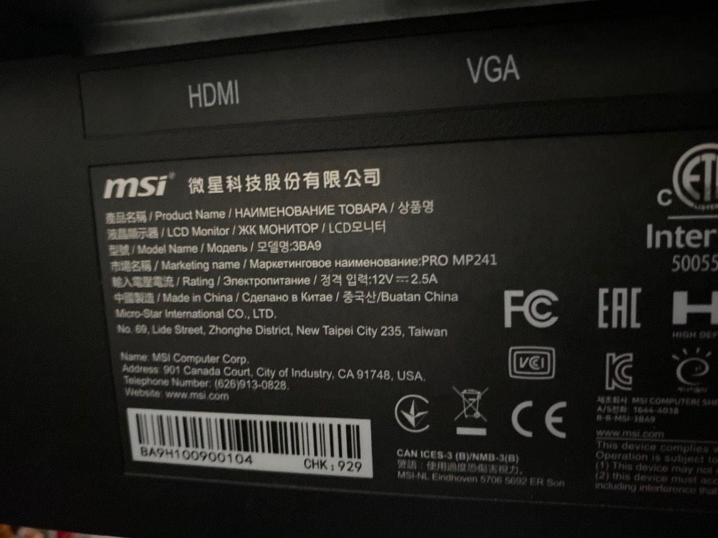 24" MSI PRO MP241 Monitor (No Stand), Computers & Tech, Parts ...
