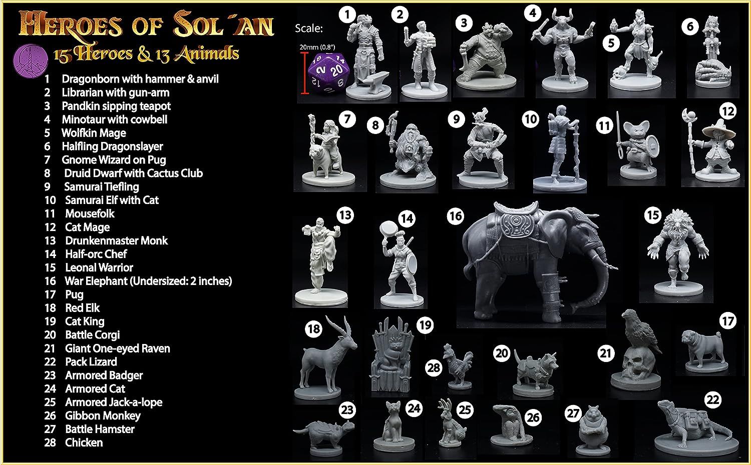 28 Miniatures Hero & Animals for DND Miniatures 28mm Bulk Dungeons and ...