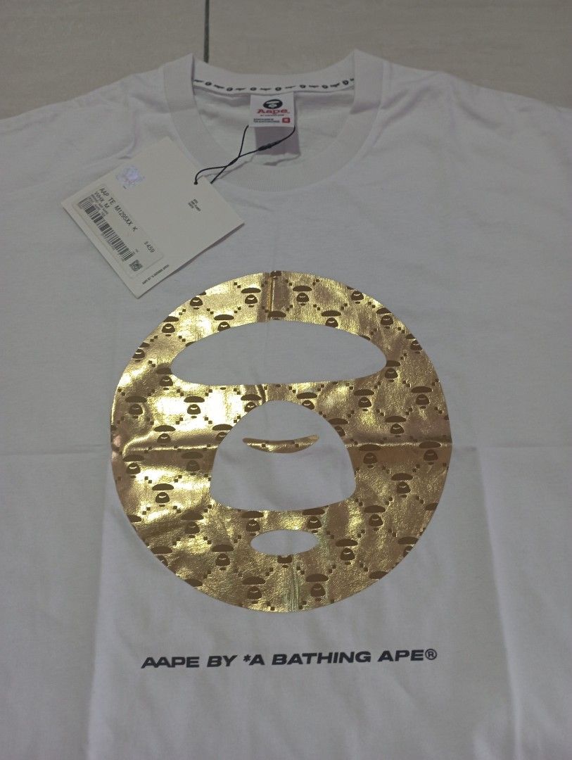 AAPE GOLD LOGO REFLECTION WHITE TEE ORIGINAL, Men's Fashion, Tops & Sets, Tshirts & Polo Shirts ...