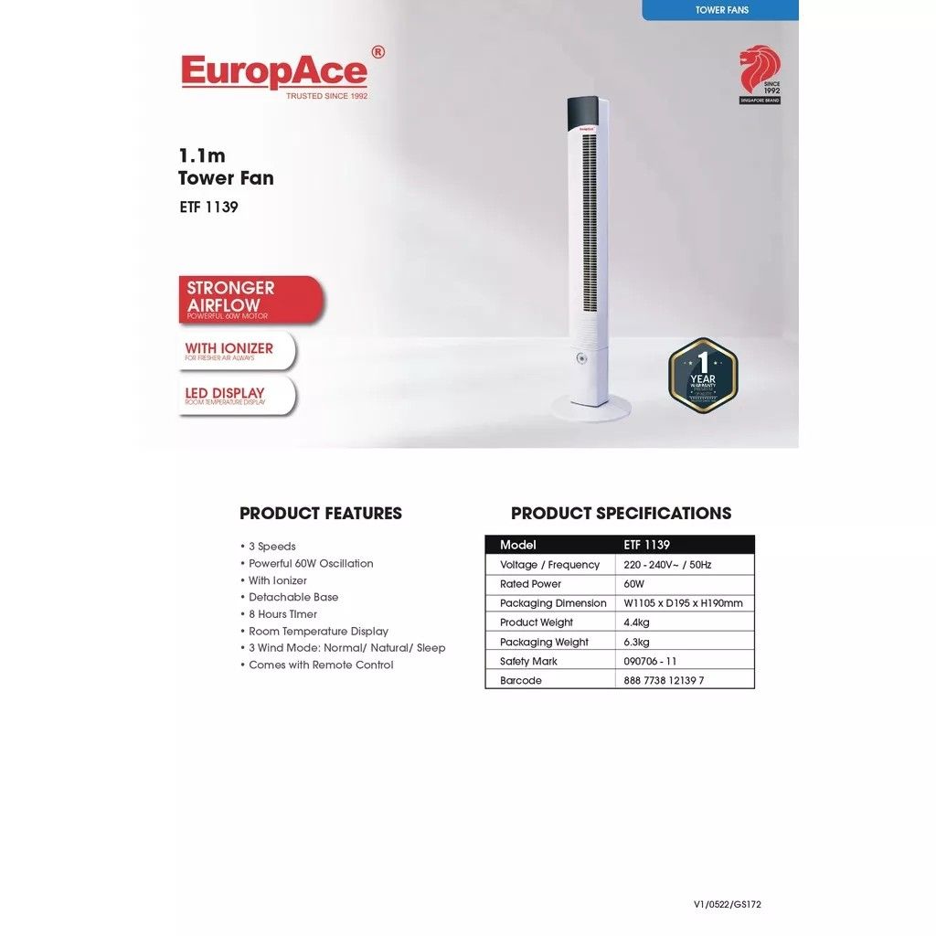 Bladeless EuropAce Tower Fan, Furniture & Home Living, Lighting & Fans ...