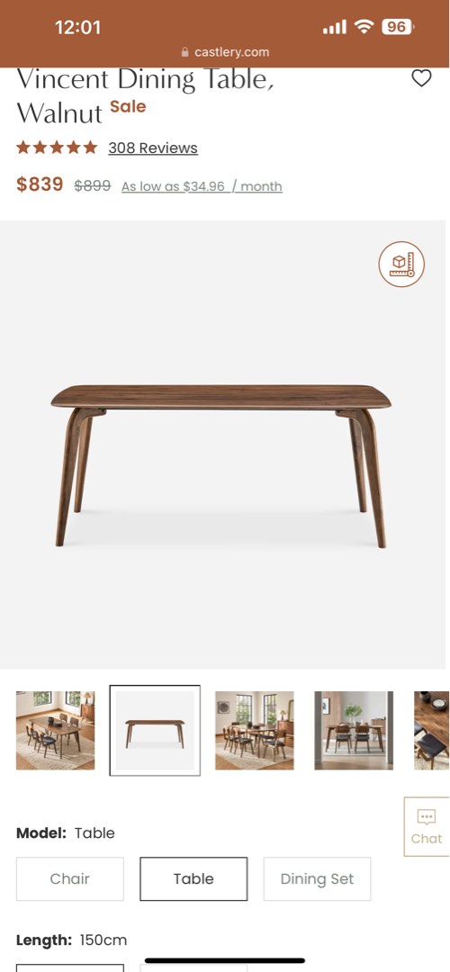 Castlery Vincent Dining Table (Walnut) - 150cm, Furniture & Home Living ...