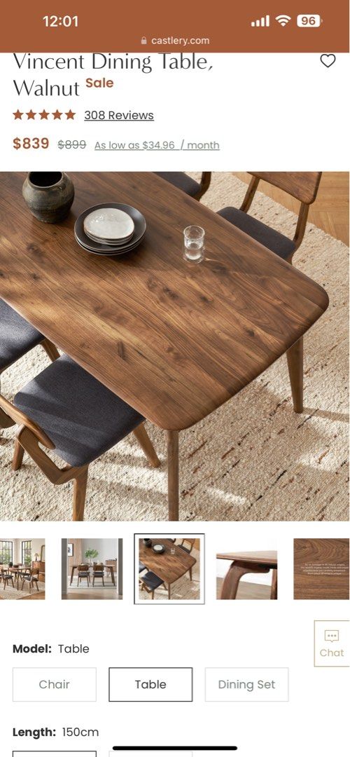 Castlery Vincent Dining Table (Walnut) - 150cm, Furniture & Home Living ...