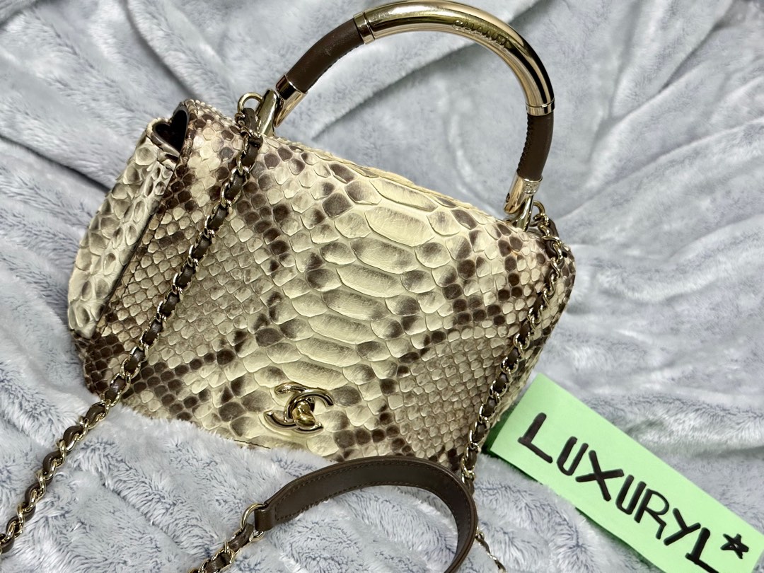 •CHANEL Cream/Brown Python Leather CC Carry Chic Flap Bag “RARE ...