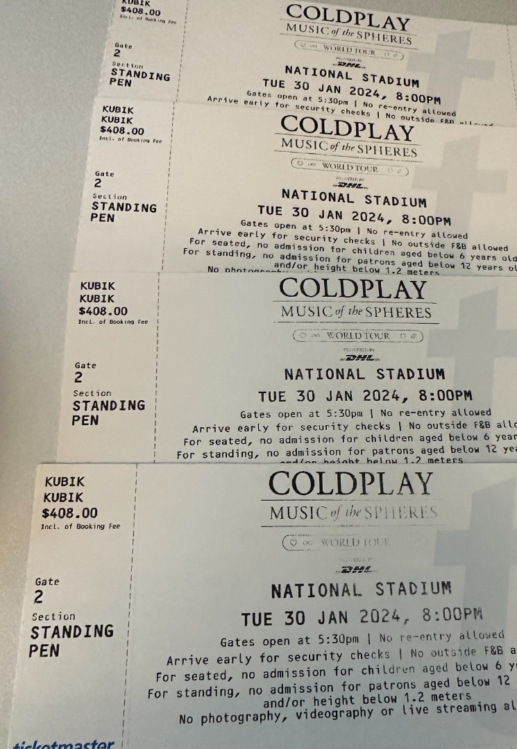 Coldplay physical tickets Kubik experience 30 Jan x4, Tickets ...
