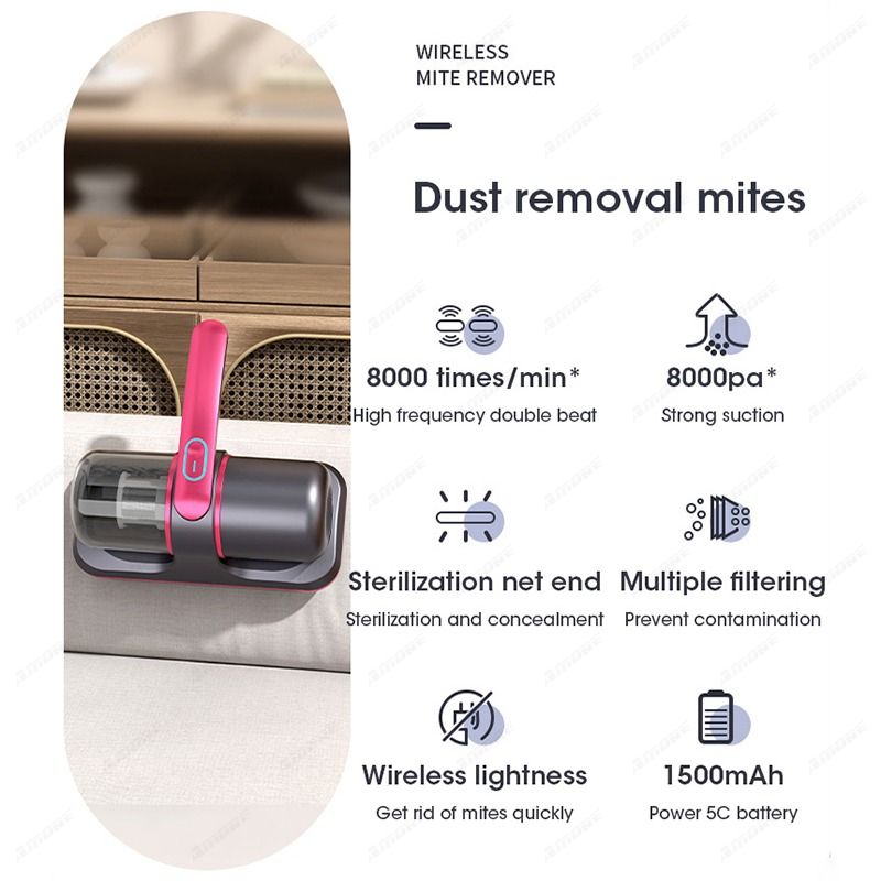 Cordless Dust Mite Remover Vacuum Bed Sofa Handheld Wireless Dust Mite ...
