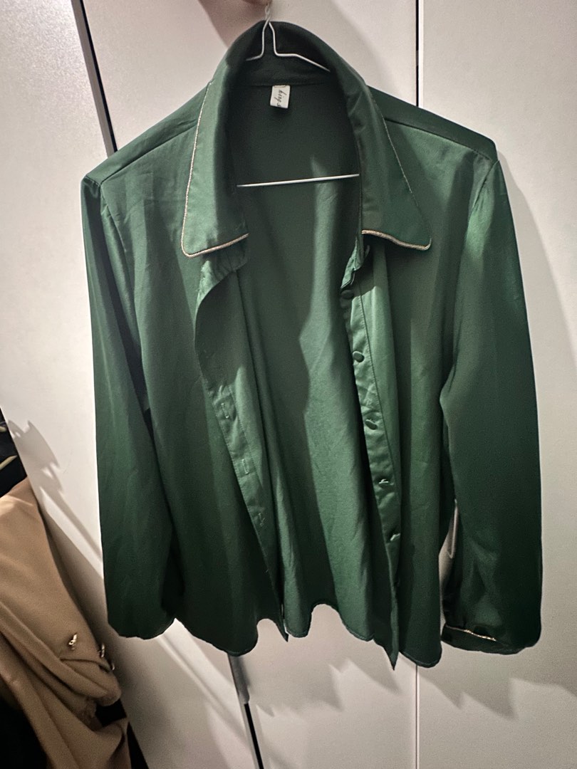 Green Satin Top with Gold lining, Women's Fashion, Tops, Longsleeves on ...