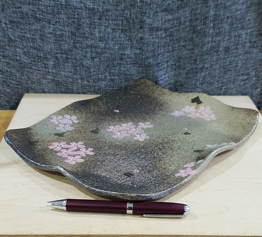 [B1F1] Japanese handmade Sakura ceramic rectangular curve serving plate ...
