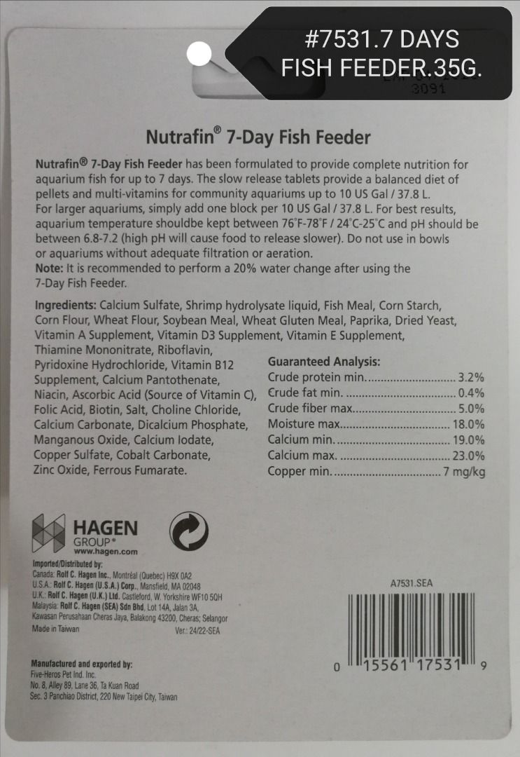 Nutrafin 7-Day Fish Feeder Holiday Weekend Food Block Slow Dissolving ...