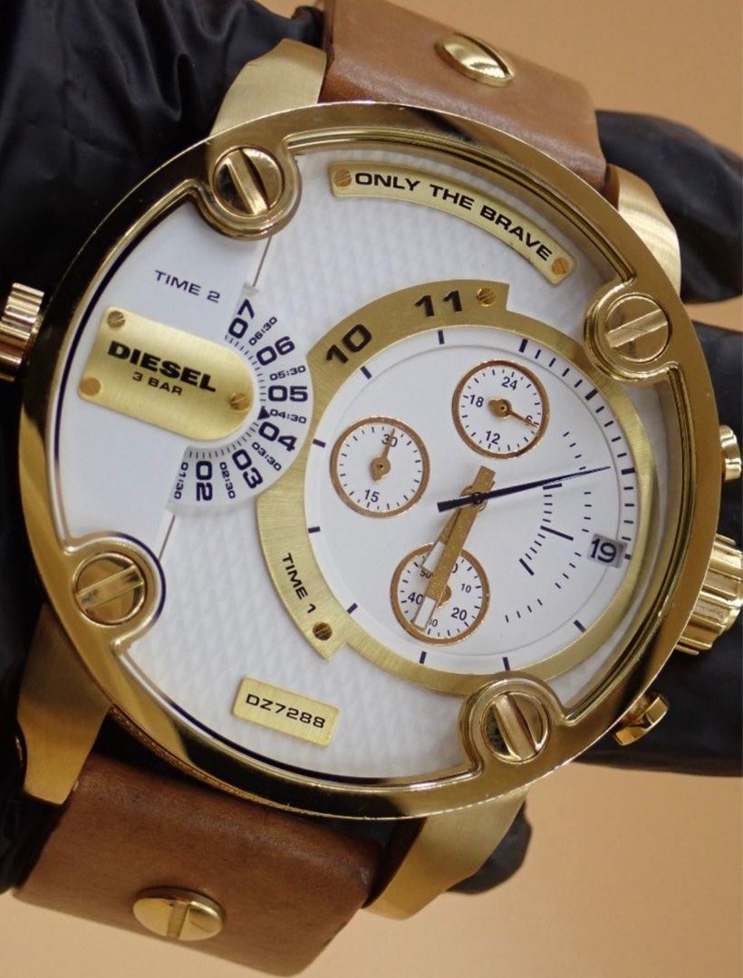 ORIGINAL!! DIESEL Little Daddy Silver Dial Brown Leather GMT Men's ...