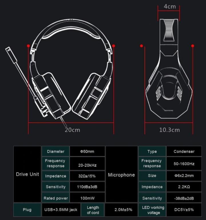 OVLENG GT94 Wired Gaming Headset E-Sports with Microphone LED Stereo ...