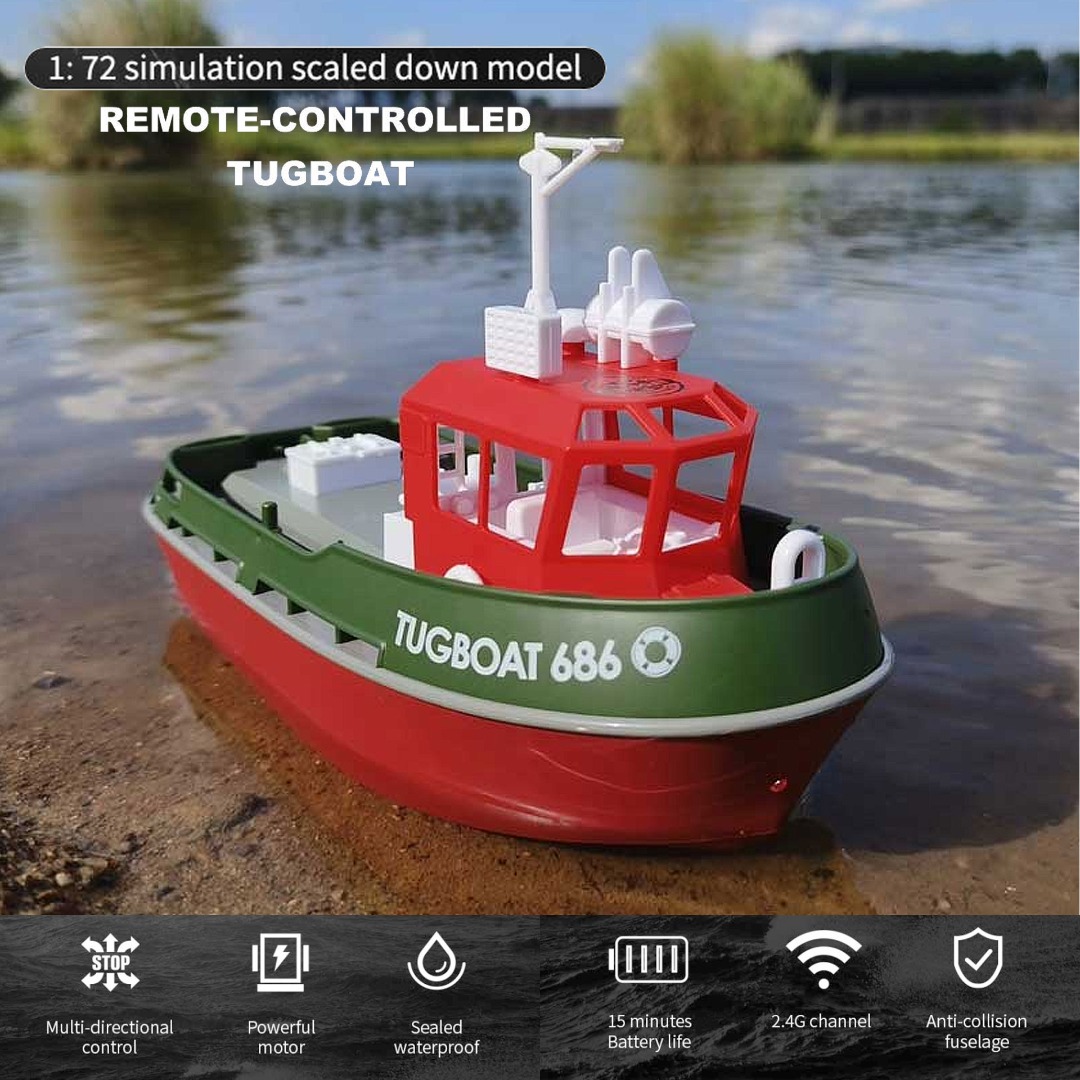 TYXIN 1:72 TUGBOAT 686 迷你拖船｜雙螺旋槳｜舵機轉向｜2.4GHz 遙控器｜黑色, 興趣及遊戲, 玩具 & 遊戲類 - Carousell