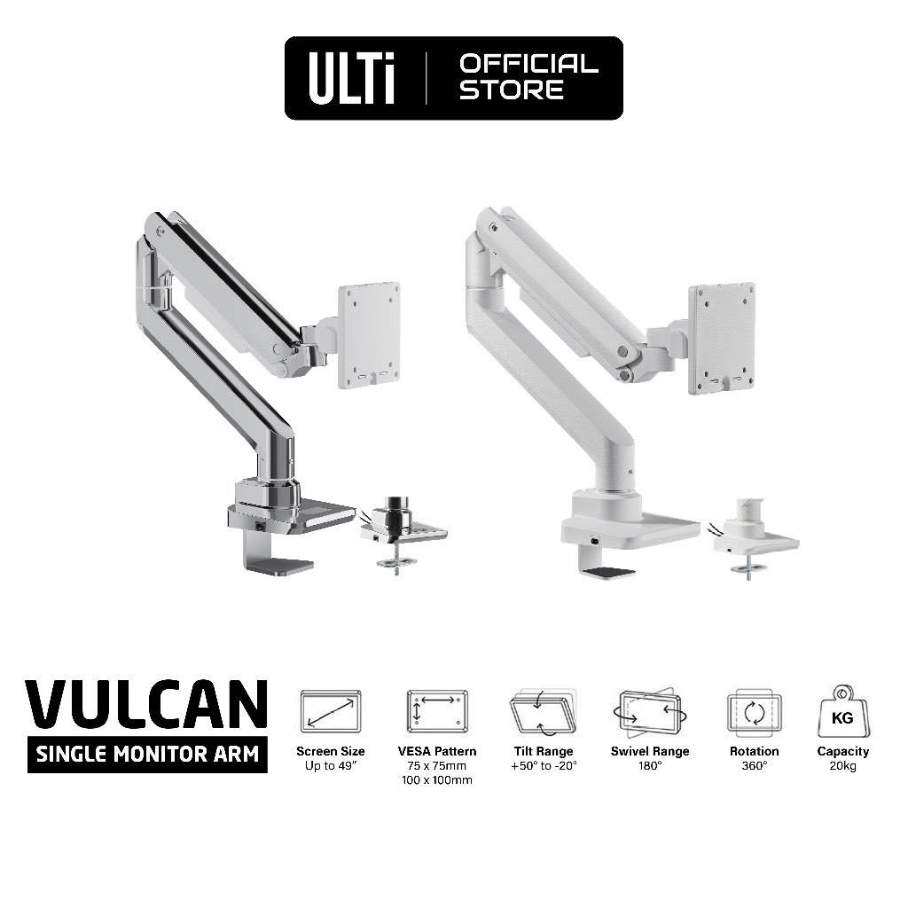 ULTi Vulcan Heavy Duty Desk Monitor Arm, USB-A & USB-C Ports - Polished ...