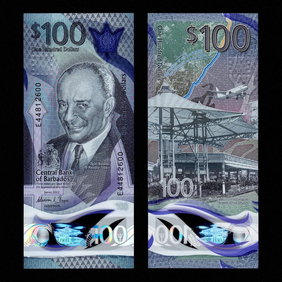 2022 BARBADOS 100 DOLLARS POLYMER P-85 UNC > SIR GRANTLEY ADAMS AIRPORT ...
