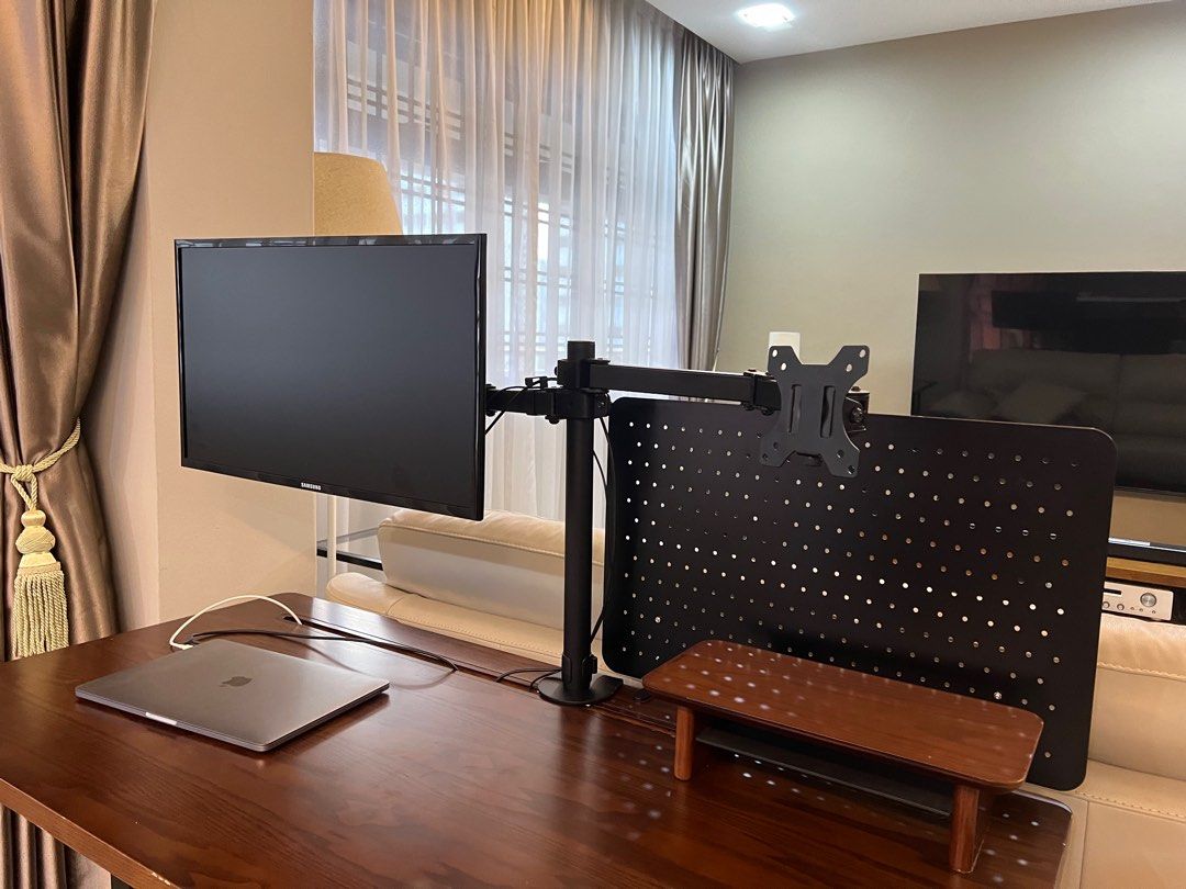 2 Samsung monitors, dual monitor arm, everydeks metal side board ...