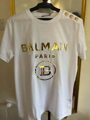 Balmain Shirt White Gold Font with Button, Luxury, Apparel on Carousell