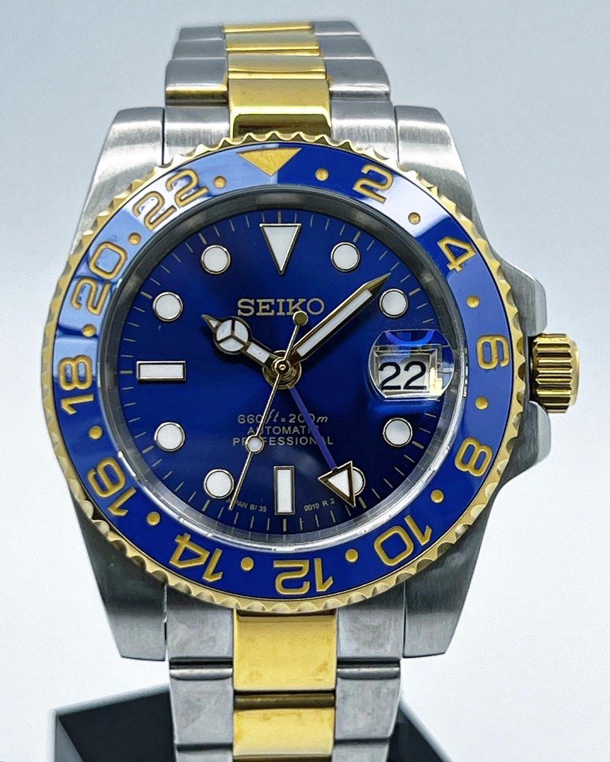 Custom Seiko Mod Blue Gold/Silver GMT 40mm, Men's Fashion, Watches ...