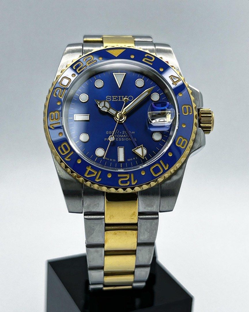 Custom Seiko Mod Blue Gold/Silver GMT 40mm, Men's Fashion, Watches ...