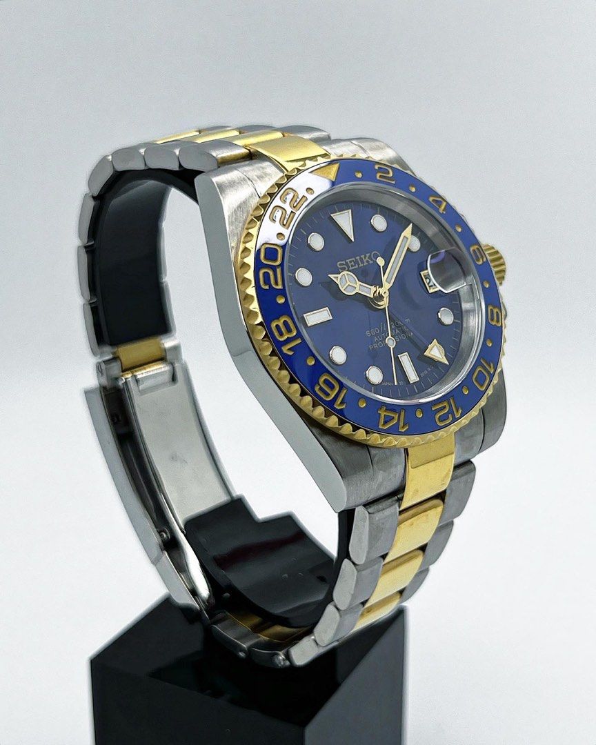Custom Seiko Mod Blue Gold/Silver GMT 40mm, Men's Fashion, Watches ...