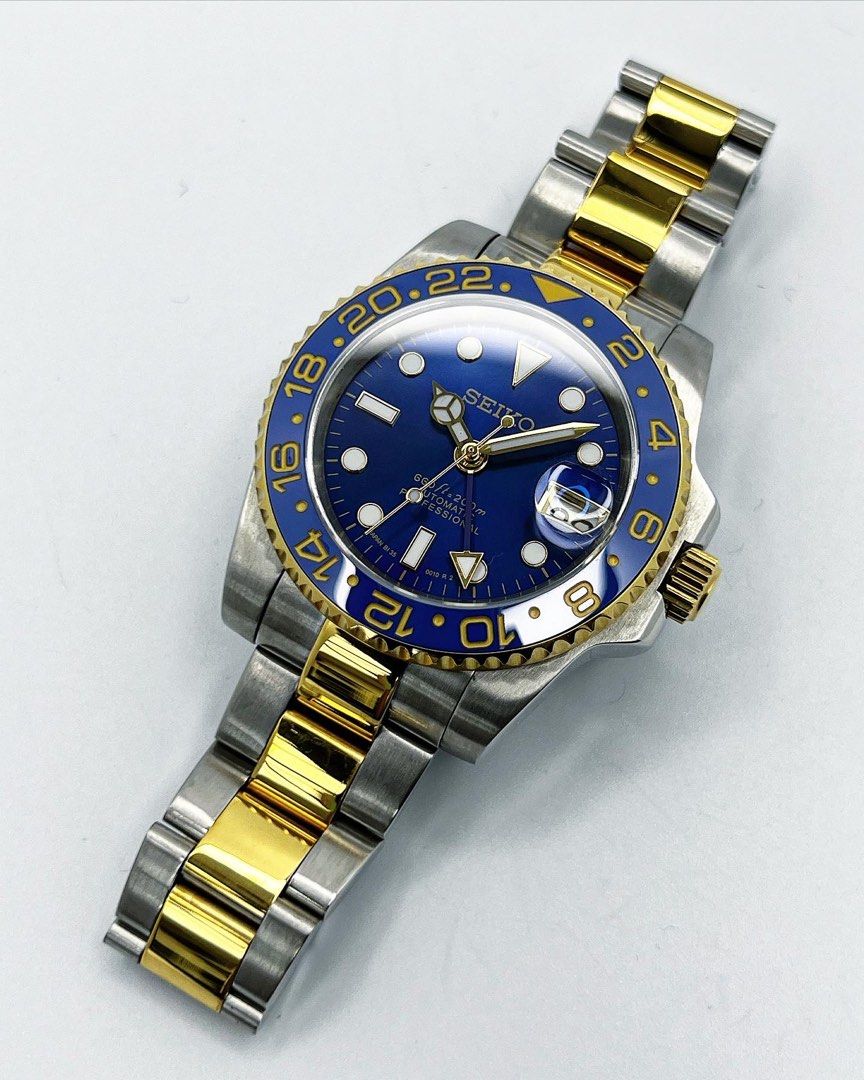Custom Seiko Mod Blue Gold/Silver GMT 40mm, Men's Fashion, Watches ...