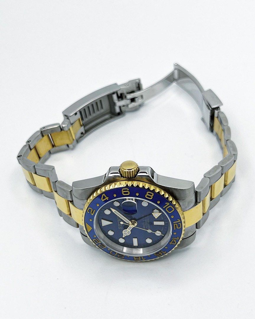 Custom Seiko Mod Blue Gold/Silver GMT 40mm, Men's Fashion, Watches ...