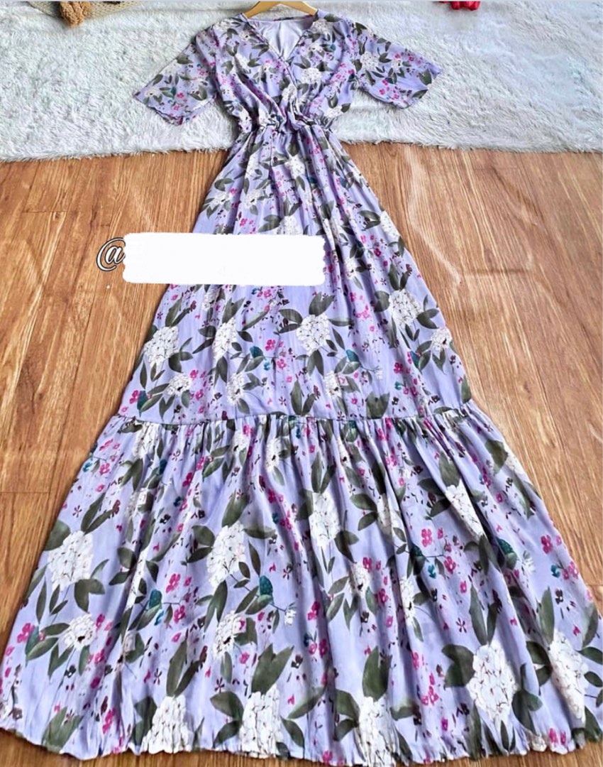 Korean midi dress floral lilac bunga ungu bangkok import korea, Fesyen ...
