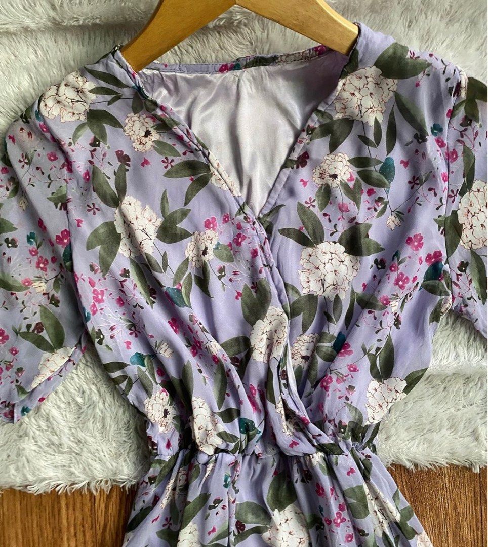 Korean midi dress floral lilac bunga ungu bangkok import korea, Fesyen ...