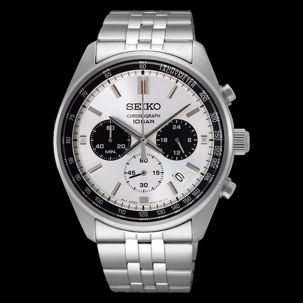 Seiko Silver White Dial Panda Chronograph 10 Bar Stainless Steel Quartz ...