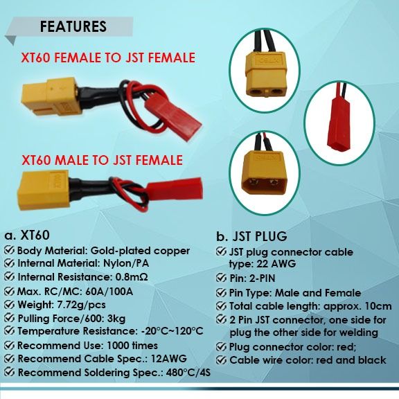 XT60 to JST FEMALE CHARGING ADAPTER LEAD, 10cm LENGTH 22-AWG WIRE, BEST FOR REMOTE CONTROL TOYS ...