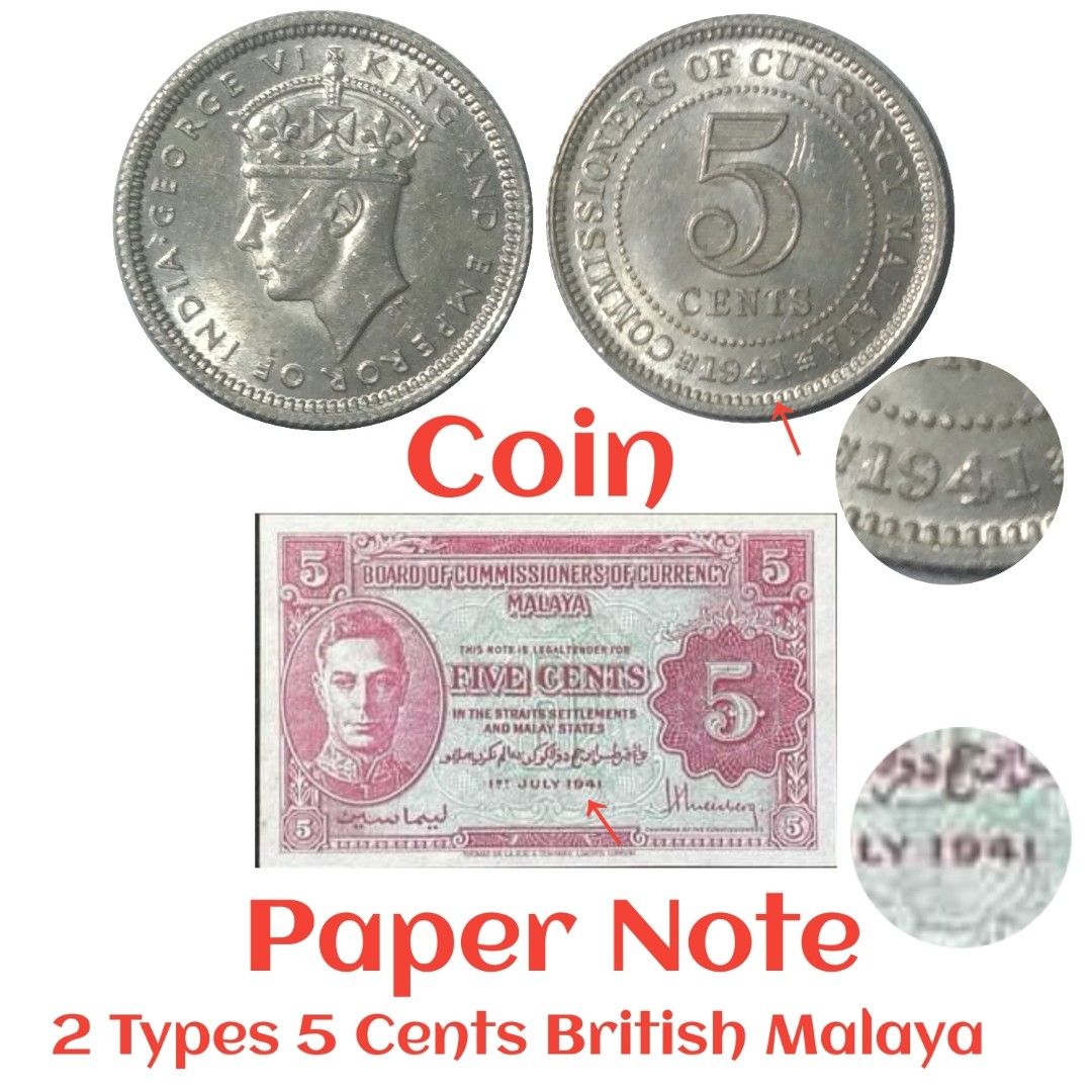 2 Types Paper Note & Silver Coin 10 Cents 1941 British Malaya, Hobbies ...