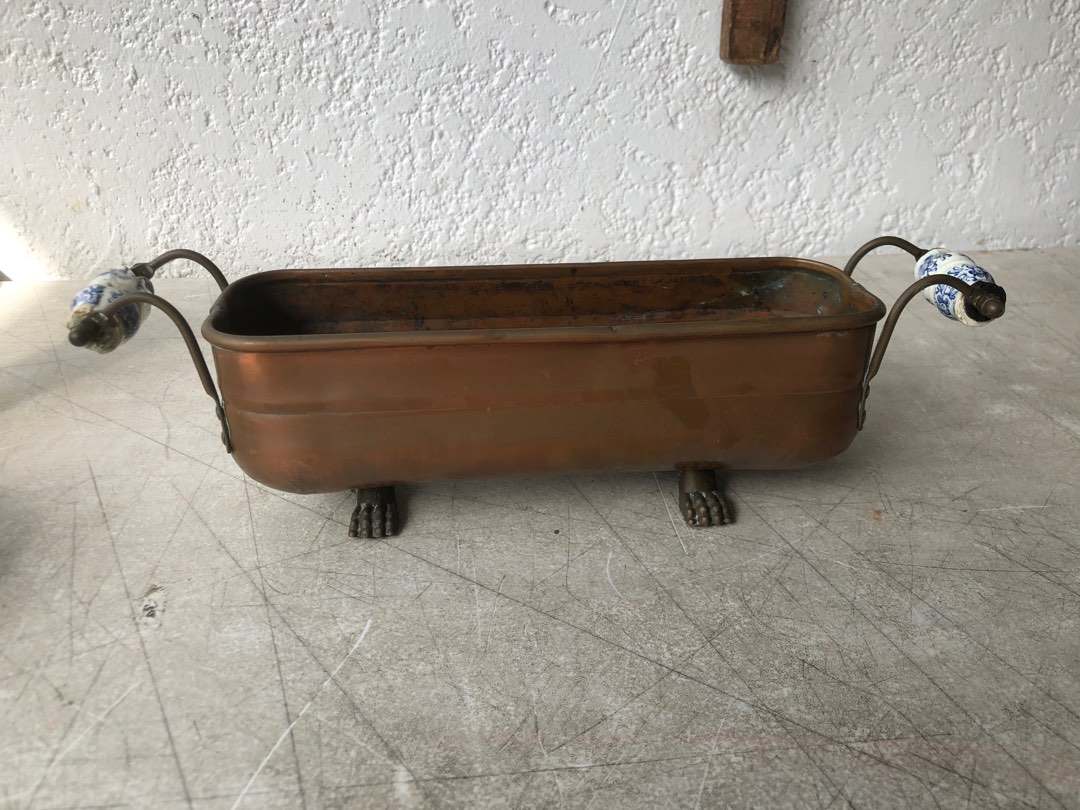 Antique Small Rectangular Copper Planter with Porcelain Handles on ...