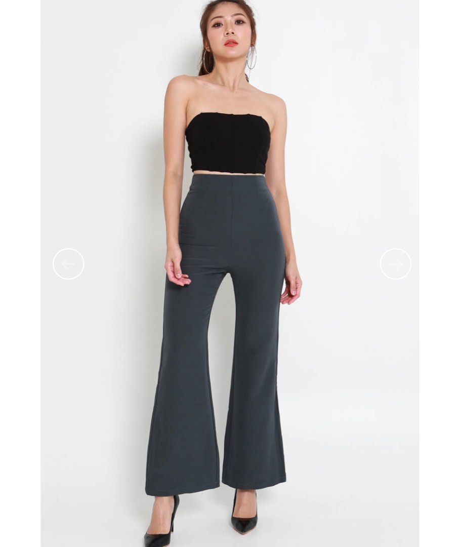 Carla Bell Bottom Fitted Pants V2 (Gunmetal), Women's Fashion, Bottoms ...