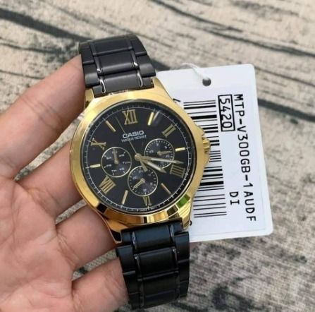 Casio MTP-V300 Analog Chronograph Black Stainless Steel Gold Case Men ...