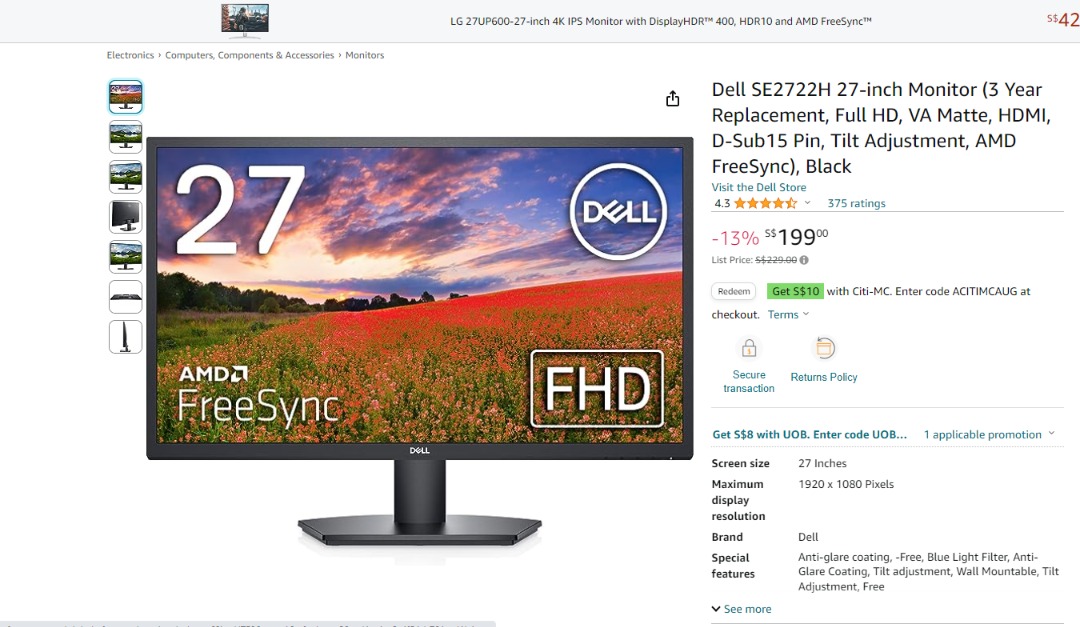 Dell SE2722H 27-inch Monitor (Full HD, VA Matte, HDMI, D-Sub15 Pin ...