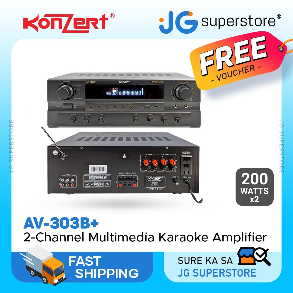 Konzert AV-303B+ 200W x2 2-Channel Multimedia Karaoke Amplifier with A and B & Surround Sound ...