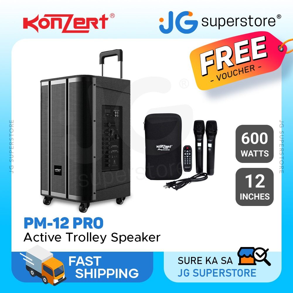 Konzert PM-12PRO 12" 600W Active Portable Trolley TWS Speaker 180 Channels with Bluetooth, USB ...