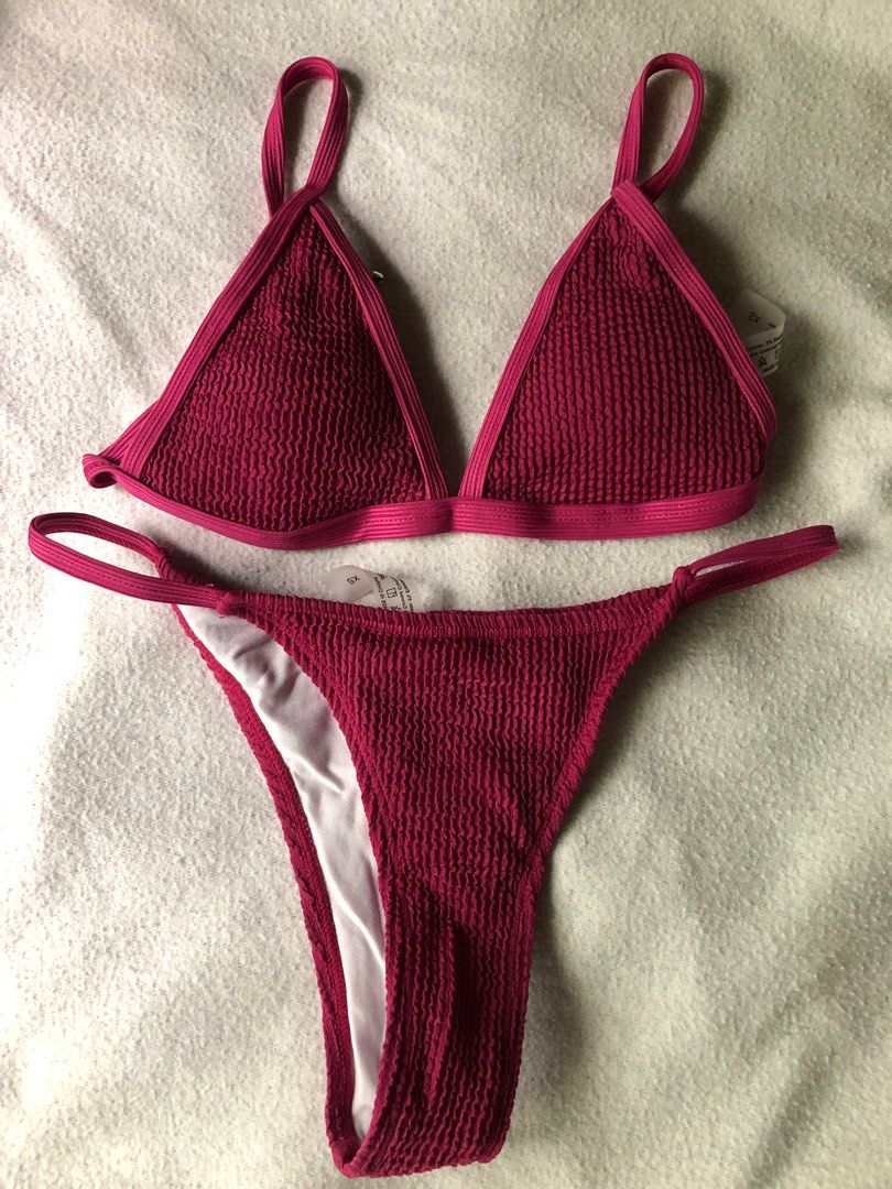 pink triangle bikini swimsuit set, Women's Fashion, Swimwear, Bikinis ...