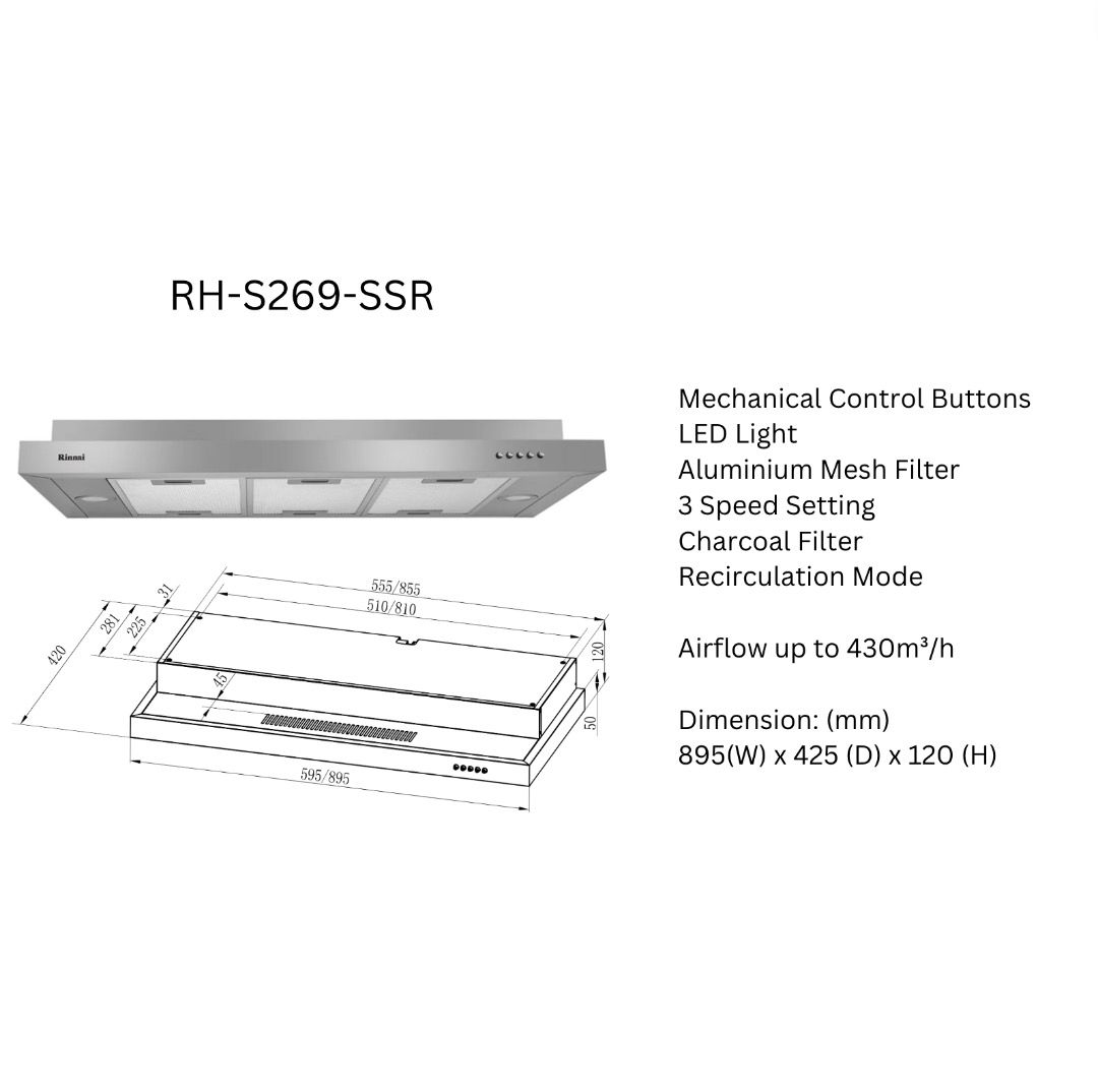 RINNAI 60/90CM SLIMLINE HOOD [RH-S65A-SSVR/RH-S136-SSVR/RH-S95A-SSVR/RH-S139-SSVR/RH-S259-SSR-T ...