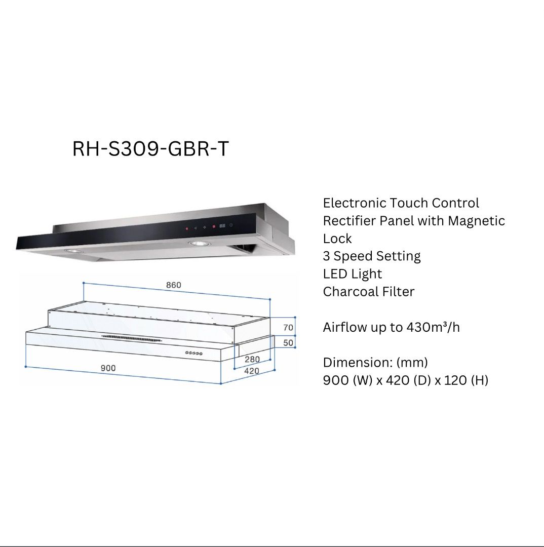RINNAI 60/90CM SLIMLINE HOOD [RH-S65A-SSVR/RH-S136-SSVR/RH-S95A-SSVR/RH-S139-SSVR/RH-S259-SSR-T ...