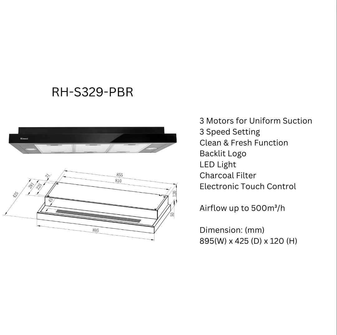 RINNAI 60/90CM SLIMLINE HOOD [RH-S65A-SSVR/RH-S136-SSVR/RH-S95A-SSVR/RH-S139-SSVR/RH-S259-SSR-T ...